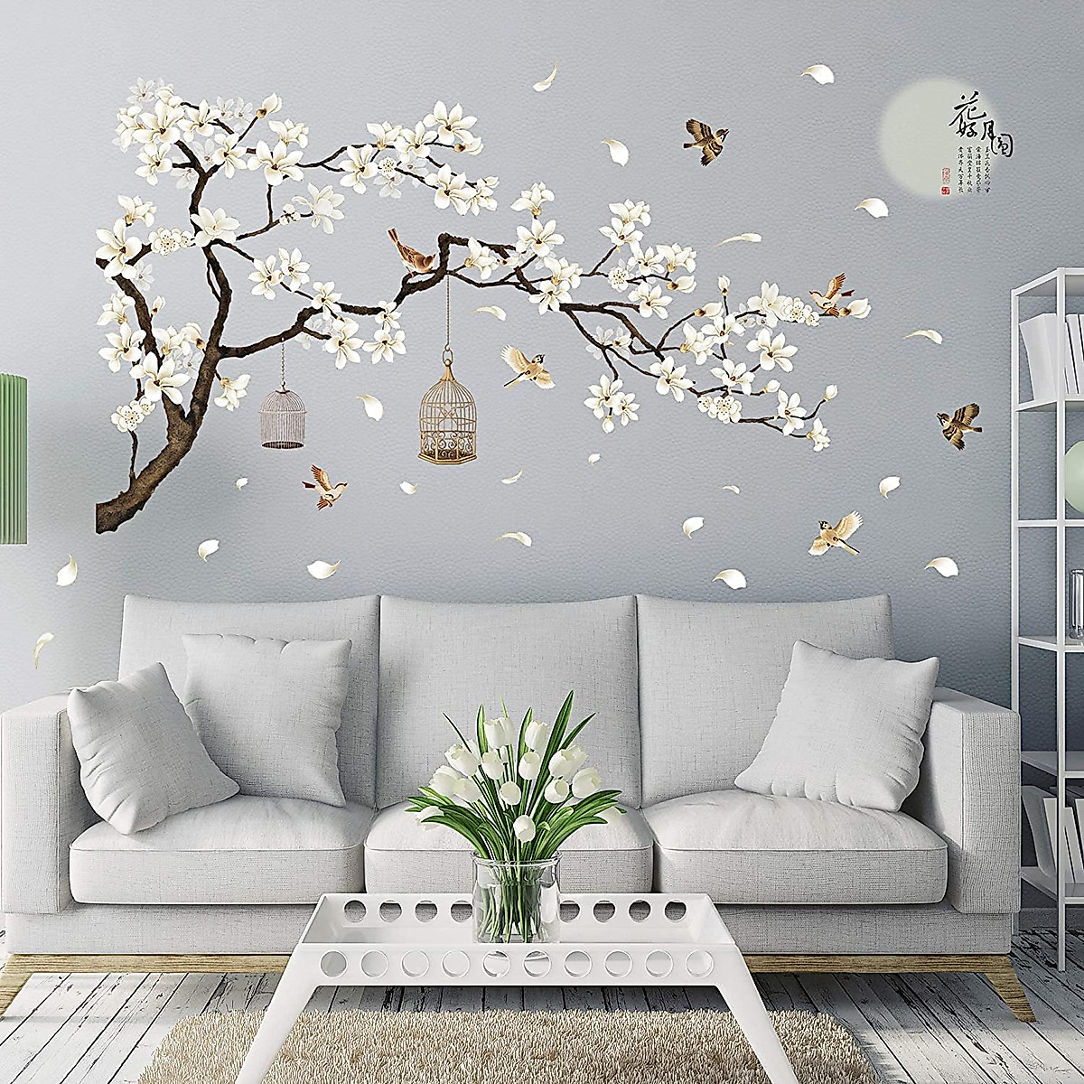 Bienstylife Peach Flower Wall Decals Tree Wall Stickers Peel and Stick Flower Wall Stickers Floral Murals for Living Room TV Background Kids Girls Room Bedroom 4 Sheets of 11.8"x35.4"