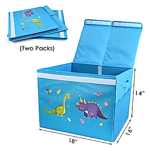 GOLDGE Two Pcs Toy Chest for Boys Girls 18x16x14 Inch, Baby Shark, Collapsible Dinosaur Toy Box with Lid, Blue, Kids Toy Box for Boys Girls