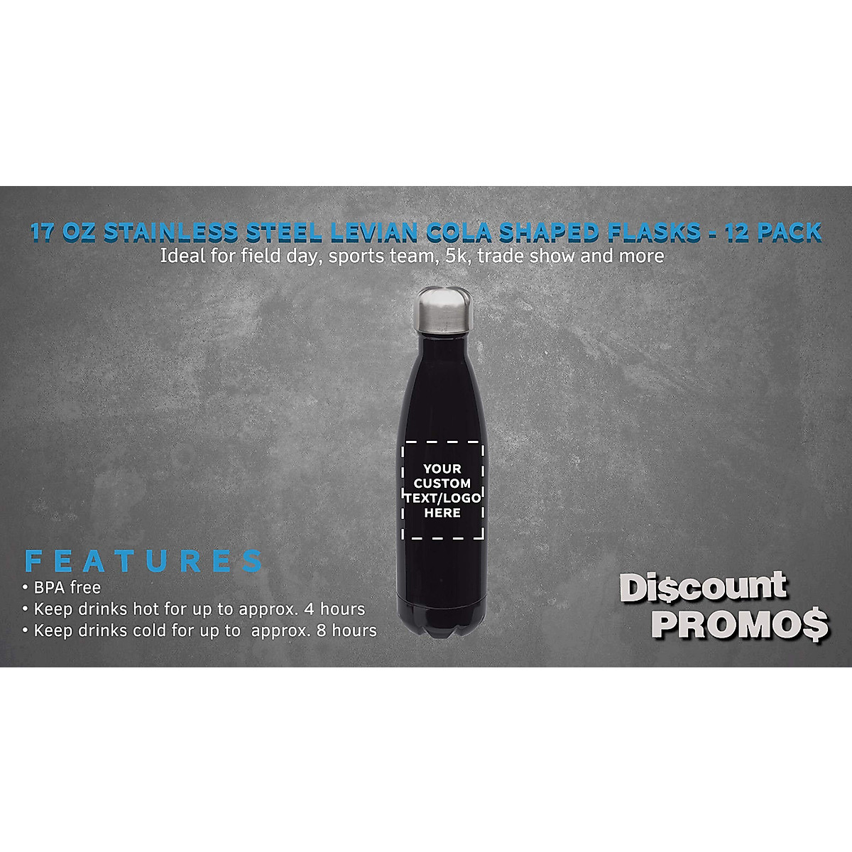 DISCOUNT PROMOS Custom Levian Cola Shaped Flasks 17 oz. Set of 12, Personalized Bulk Pack - Perfect for Gym, Camping, and Any Indoor/Outdoor Activities - Black