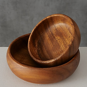 WHW Whole House Worlds Farmers Artisinal Acacia Wood Bowls, Set of 2, Hand Carved, Natural, Food Safe, Rustic Round Design, Rounded Edges, 4.75 and 4 Inches in Diameter
