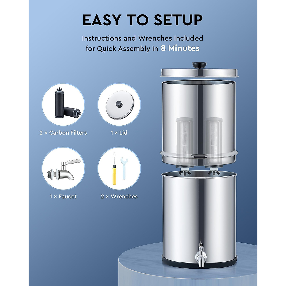 CO-Z Gravity-Fed Water Filter System, 2.25 Gallons Countertop Water Filtration System, 304 Stainless Steel Gravity Water Purifier with 2 Carbon Filters & Water Spigot, NSF/ANSI 42 Certification