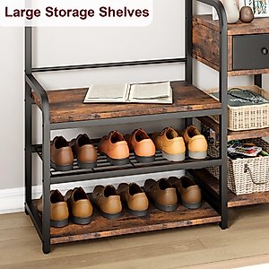 IDEALHOUSE Hall Tree Storage Bench for Entryway, Coat Rack Shoe Bench with Storage Drawer, 5-in-1 Coat Rack Storage Shelf and 8 Hooks, Coat Tree for Small Spaces, Entryway, Bedroom, Rustic Brown