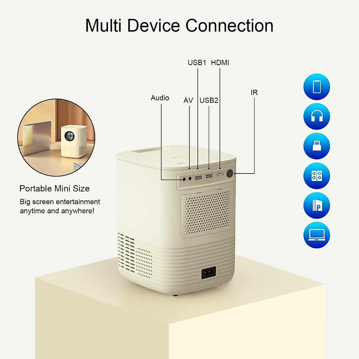 Hasatek Projector,Portable Projector, Beige,Mini Projector with WiFi and Bluetooth,Outdoor Projector 4k for Movies Night,Native 1080p HD,10W Speaker,150 Inch Picture,Home Entertainment