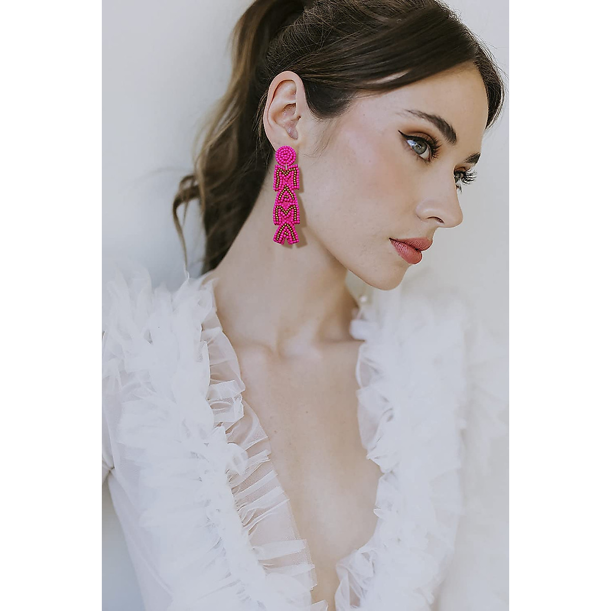 Boderier Mother's Day Beaded Earrings Long Rhinestone MAMA Beaded Drop Earrings Mother's Gift (Hot Pink)