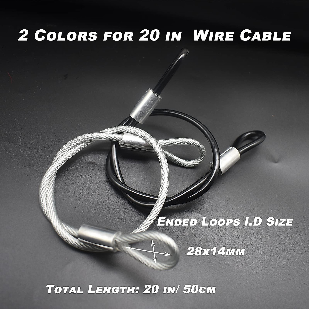 Bytiyar 4 pcs 20 inch (50cm) 5mm Thickness Galvanized Steel Wire Rope Lanyard Cable Tether Safety Strap with Braided Steel Rubber Coated and 2 Loops Black