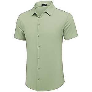 COOFANDY Mens Shirt Button Down Wrinkle Free Casual Stretch Dress, Light Green, Large, Short Sleeve