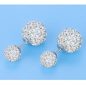 BG&WLing Front Back Earrings Crystal Ball Earring Studs Sparkly Double Ball Sterling Silver Post Stud Earrings Hypoallergenic Dainty Jewelry for Women