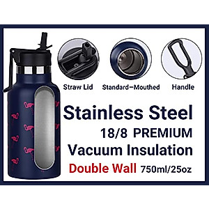 QISSZION Kids Insulated Bottle with Handle & Straw 12oz, Vacuum Stainless Steel Water Bottles Leakproof for School, BPA Free Flask Metal Thermos for Boys & Girls - Flamingo