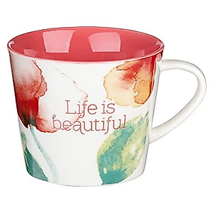 Heartfelt Inspirational Coffee/Tea Mug for Women, Life is Beautiful, Unique Coral Poppies Watercolor Flower Design, 10oz