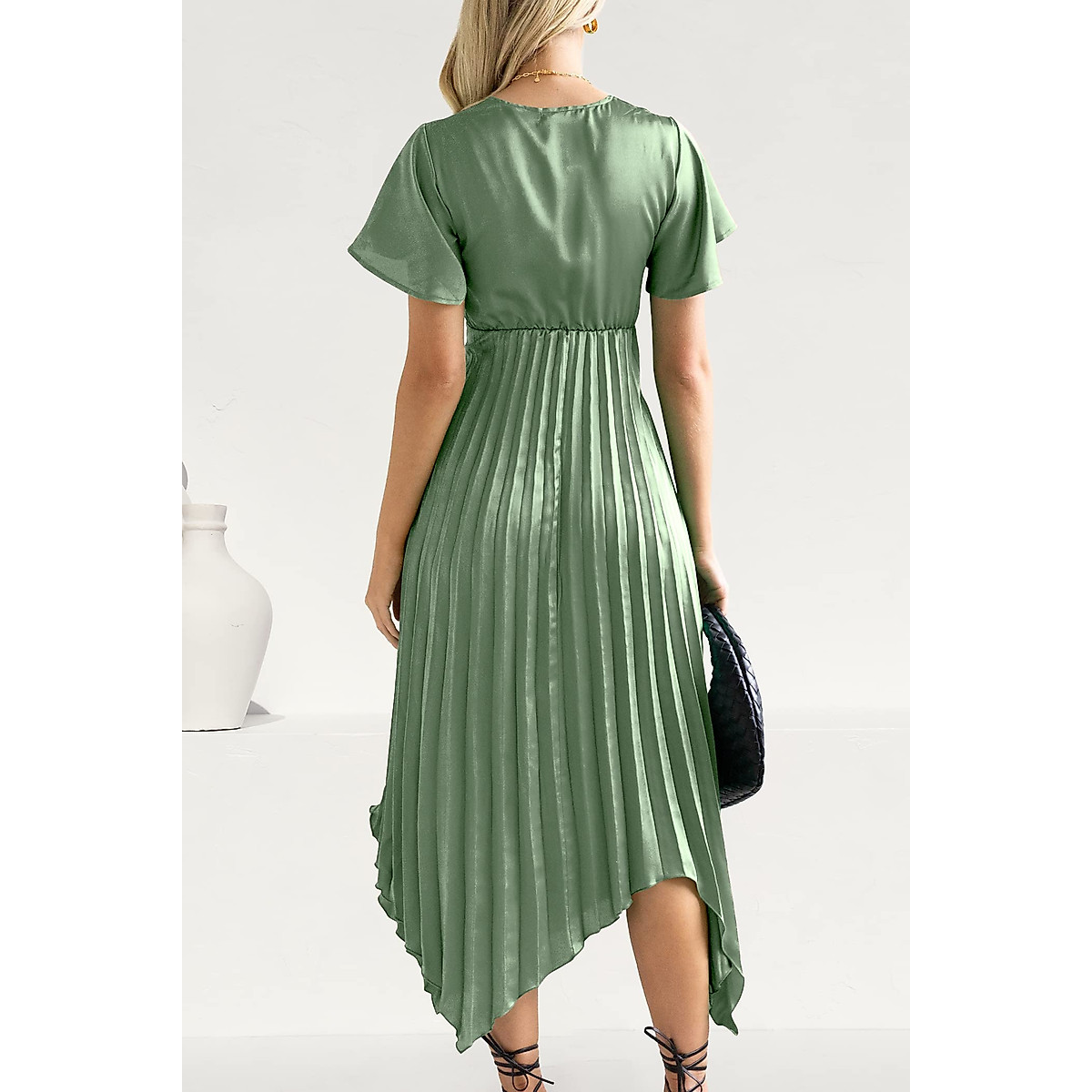 PRETTYGARDEN Women's 2023 Satin Summer Dress Short Sleeve V Neck Tie Front Cutout Pleated A Line Midi Dresses (Light Green,Medium)