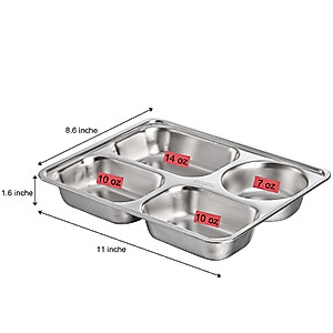 Nicunom 3 Pcs 304 Stainless Steel Divided Plates, Unbreakable 4 Compartment Trays, Divided Dinner Tray, Adults Sections Plate, Compact Serving Platter for Lunches, Portion Control, Camping