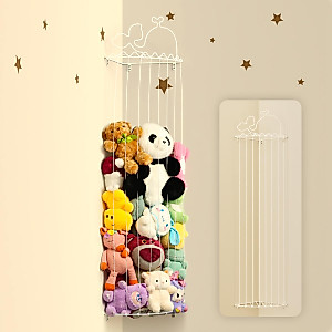 Jripae Stuffed Animal Storage,Stuffed Animal Holder with Adjustable Length,Corner Shelf for Kids Room Decor,Soft Toy Storage Organizer for Living Room,Bedroom,Nursery,Playroom,Kids Room(Ivory White)