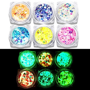 Glow in The Dark Glitter, JEMESI 6 Color Luminous Iridescent Chunky Glitter, Cosmetic Craft Glitter Set for Epoxy Resin, Body, Face, Nail, Craft and Festival Party Decoratio