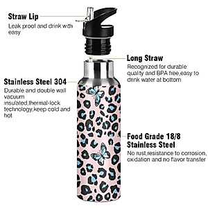 senya Water Bottle 0014 Stainless Steel with Straw Lid Kids Thermos Bottle Water Flask Butterfly Leopard Cheetah Print for Sport Office Gym Outdoor School 20 oz