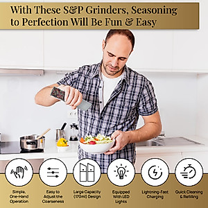 Automatic USB Rechargeable Salt and Pepper Grinder Set - Gravity Electric Salt and Pepper Grinder Set with LED Light and Adjustable Coarseness - Easy to Clean - Cleaning Brush Included - Ideal Gift