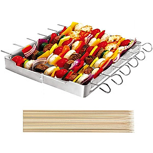 UNICOOK Heavy Duty Stainless Steel Barbecue Skewer Shish Kabob Set, 6pcs 13"L Skewer and Foldable Grill Rack Set, Durable and Reusable, Bonus of 50pcs 12.5"L Bamboo Skewers for Party and Cookout