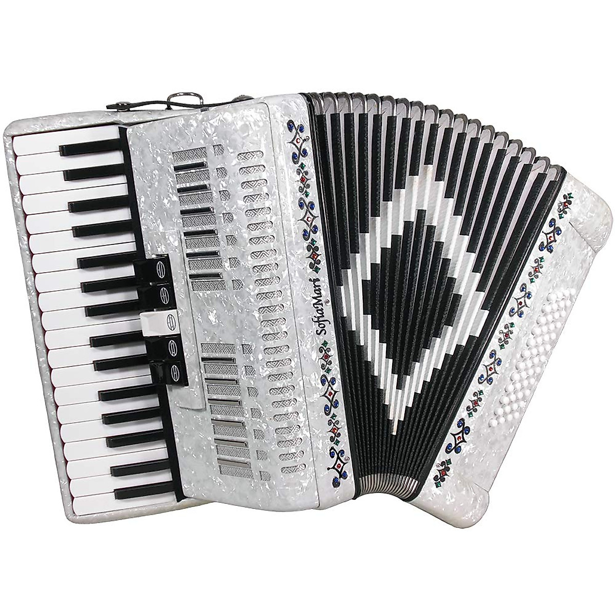 SM3448 Piano Accordion w/Free NAC-4872 Roll Away Case, a $160 Value. 34 Key, 48 Bass, Leather Harness Straps also included. (White Pearl)