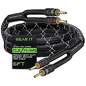 GearIT 14AWG Premium Heavy Duty Braided Speaker Wire Cable (6 Feet) Dual Gold Plated Banana Plug Tips - in-Wall CL2 - Oxygen-Free Copper (OFC) Black