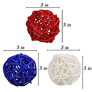 STMK 9 Pcs 3 Inch Wicker Balls Decorations, 4th of July Rattan Balls Decorative for Home Decor DIY Vase Bowl Filler Ornament Baby Room Nursery Décor Wedding Table Decoration (Red, White, Blue)