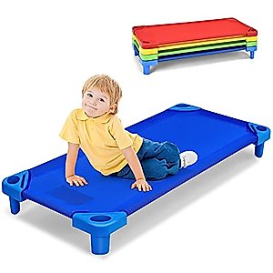 Costzon Daycare Cots for Kids, Pack of 4, 51” L x 23” W Stackable Nap Cots with Easy Lift Corners, Ready-to-Assemble, Preschool Classroom Daycare Beds for Sleeping, Resting, Naptime (Multicolor)