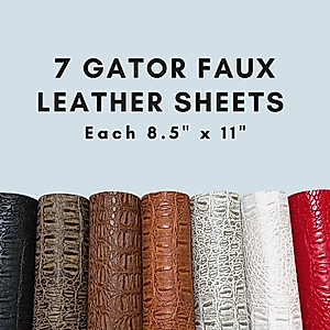 Alligator Fabric Craft Pack, 7pcs 8.5"x11" Each, Soft Textured Crocodile Vinyl Faux Leather Sheets, Gator Skin Embossed Upholstery DIY Craft and Clips Pleather Precuts