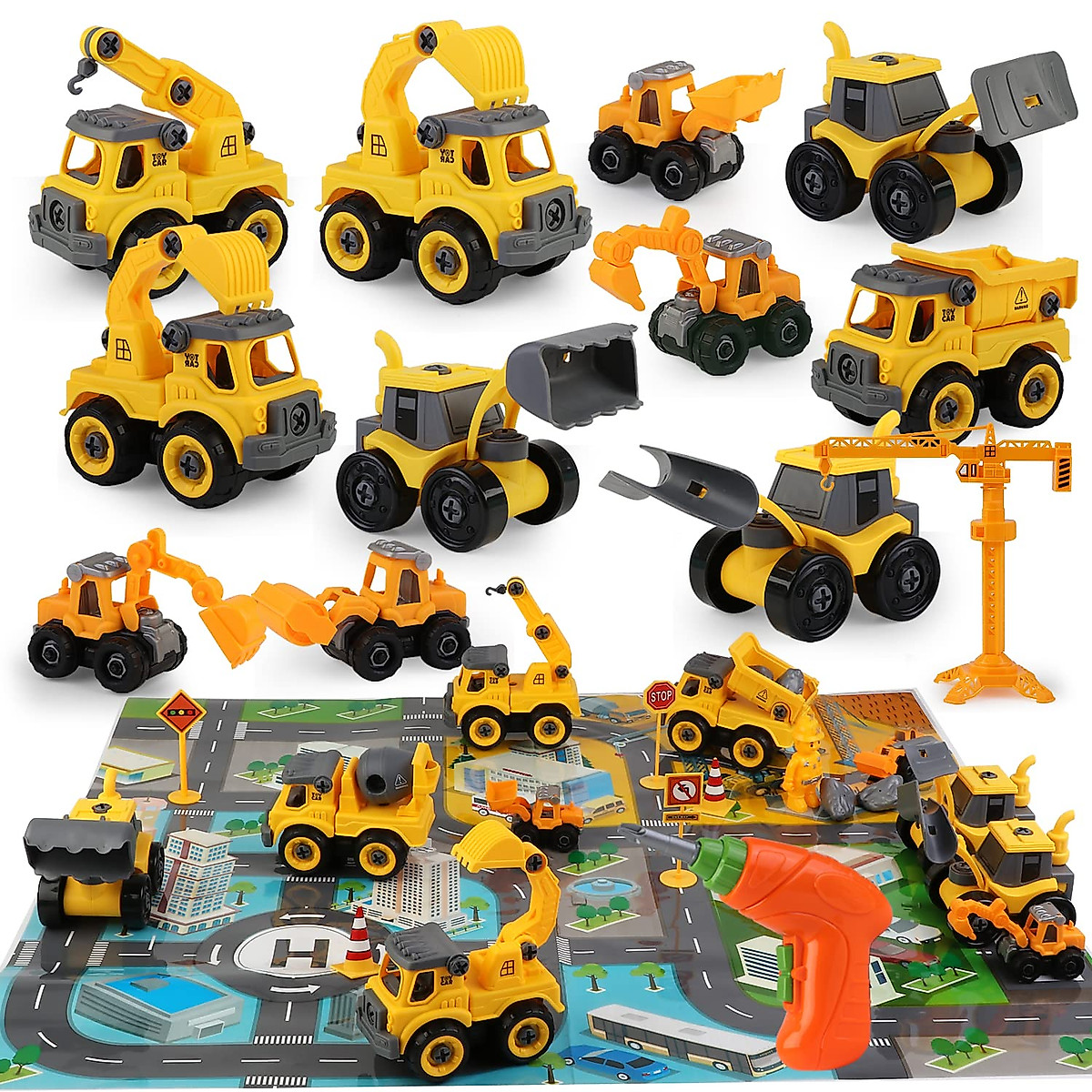 NETNEW Take Apart Construction Trucks Toys for 3 4 5 6 Year Old Boys with Electric Drill and Map Kids Stem Building Toy