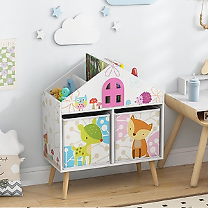 Costzon Kids Dollhouse Bookshelf, Wooden Bookcase for Children, Toy Storage Organizer with 2 Fabric Drawers, 2-Tier Montessori Toddler Book Shelf for Kids Room, Playroom, Nursery, White