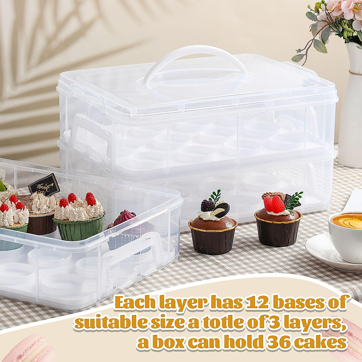 Bokon 4 Pcs 3 Tier Cupcake Carrier Stackable Cupcake Holder with Lid and Handle Plastic Cupcake Transport Container Cupcake Storage for Holding 36 Cupcakes or 3 Large Cakes, Clear