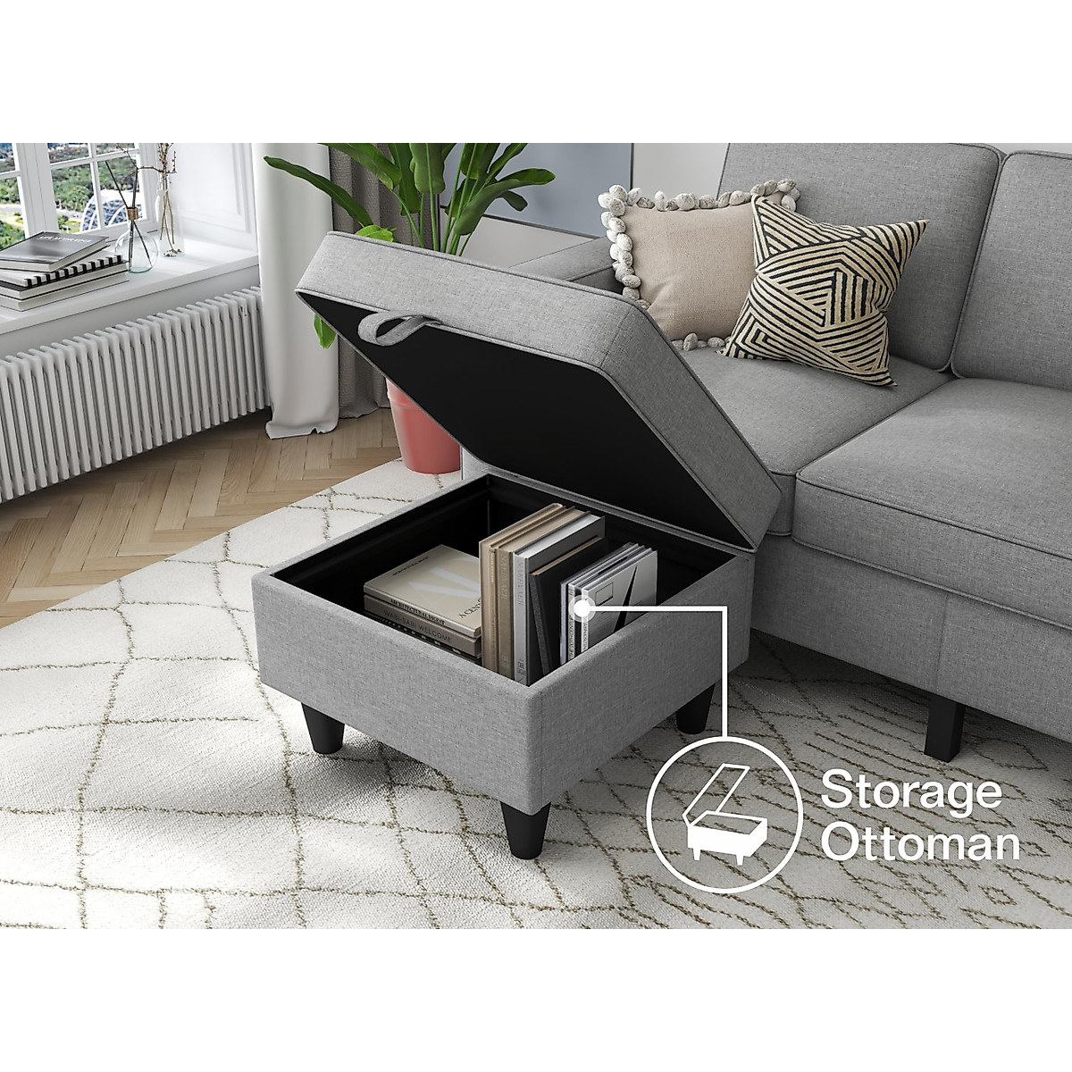 Woyomeub Sectional Couches for Living Room: L Shaped Couch with Storage Ottoman - Gray Sofa 3 Seater Furniture Set Modern Linen Fabric Futon Sleeper Sofas for Apartment Studio Small Space