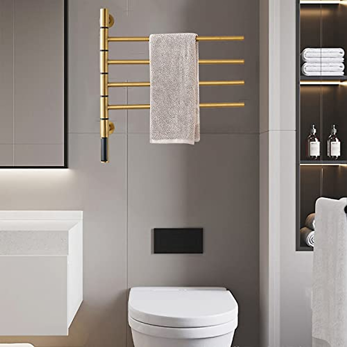 EWDPHW Electric Heated Towel Rack Gold for Bathroom, Rotatable Towel Rack with Timer, 80W Wall Mounted Towel Warmer Racks, 304 Stainless Steel Heated Towel Rail, Plug in