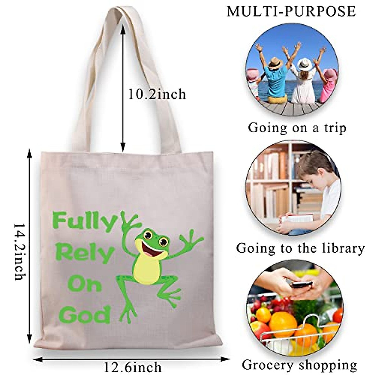 BDPWSS Frog Canvas Tote Bag Frog Lover Gift Crazy Frog Lady Gift Fully Rely On God Frog Christian Bag (Rely Frog TG)