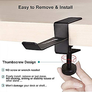 6amLifestyle Headphone Headset Holder Hanger, Universal Metal Gaming Headphones Stand Mount Under Desk Hook Clip with Adjustable Clamp for All Headsets, Black（Patented）