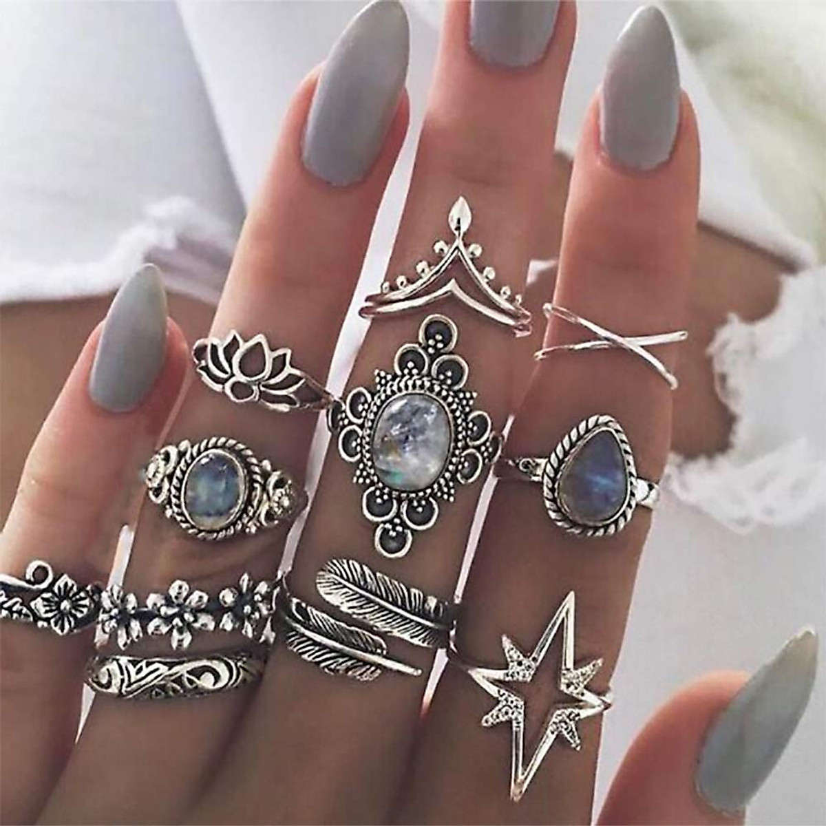 Aimimier 11 Pcs Bohemian Stackable Joint Knuckle Ring Set Carved Flower Star Leaf Gemstone Midi Ring Vintage Finger Rings for Women