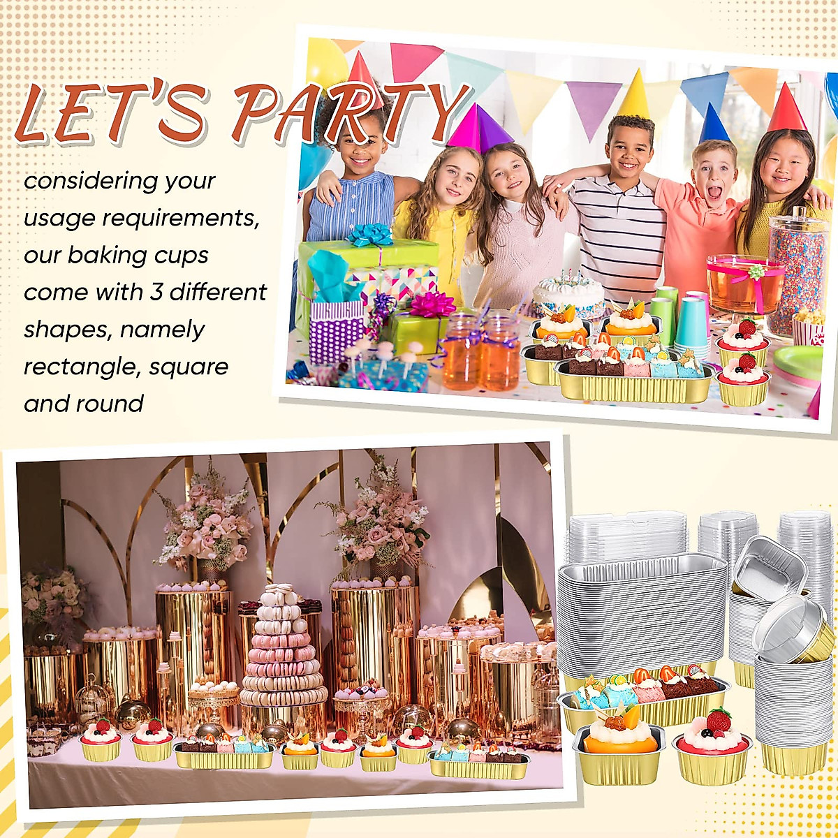 150 Pcs Mini Cake Pans with Lids Disposable Ramekins 6.8 oz 5 oz Aluminum Foil Cupcake Baking Cups, Rectangle Round Square Cupcake Liners Cake Tins for Flan Muffin Dessert Party Favors, Gold