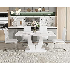 LKTART 63'' Dining Table Faux Marble White Desktop for Kitchen Dining Living Room
