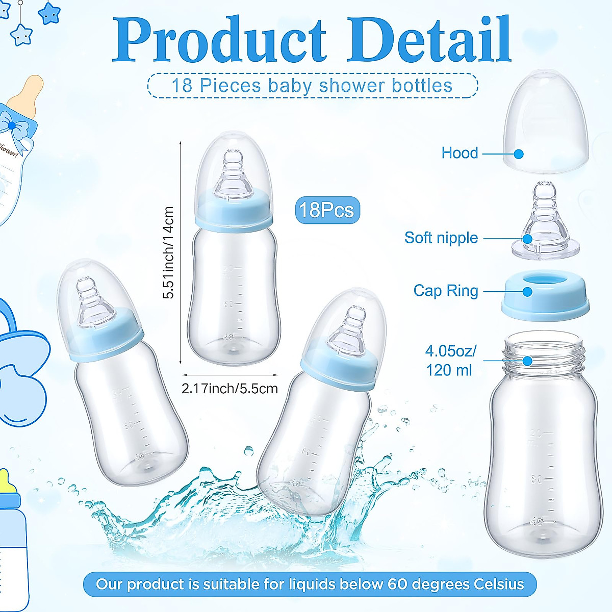 Roowest Bottle Chug Baby Shower Game Favors including Bear Theme Bottle Chug Game Wooden Sign and 18 Pcs Blue Baby Bottles for Baby Shower Game Gender Reveal Party Supplies