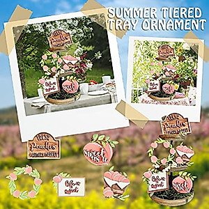 5 Pieces Summer Peaches Tiered Tray Decorations Wooden Rustic Farmhouse Tiered Tray Decor Set, Summer Fresh Pink Peaches Fruit Market Signs Independence Day Kitchen Home Table Shelf Holiday Decor