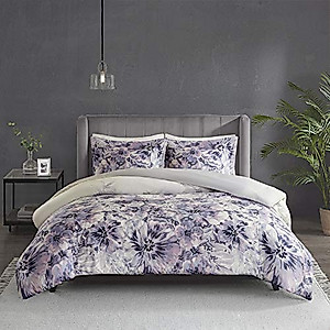 Madison Park Enza 100% Cotton Duvet Beautiful Floral Design All Season, Breathable Comforter Cover Bedding Set, Matching Shams, Full/Queen(90"x90"), Purple 3 Piece