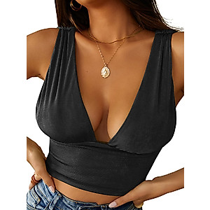 LYANER Women's Sexy Deep V Neck Slim Fitted Strap Crop Cami Tank Sleeveless Top Black X-Large