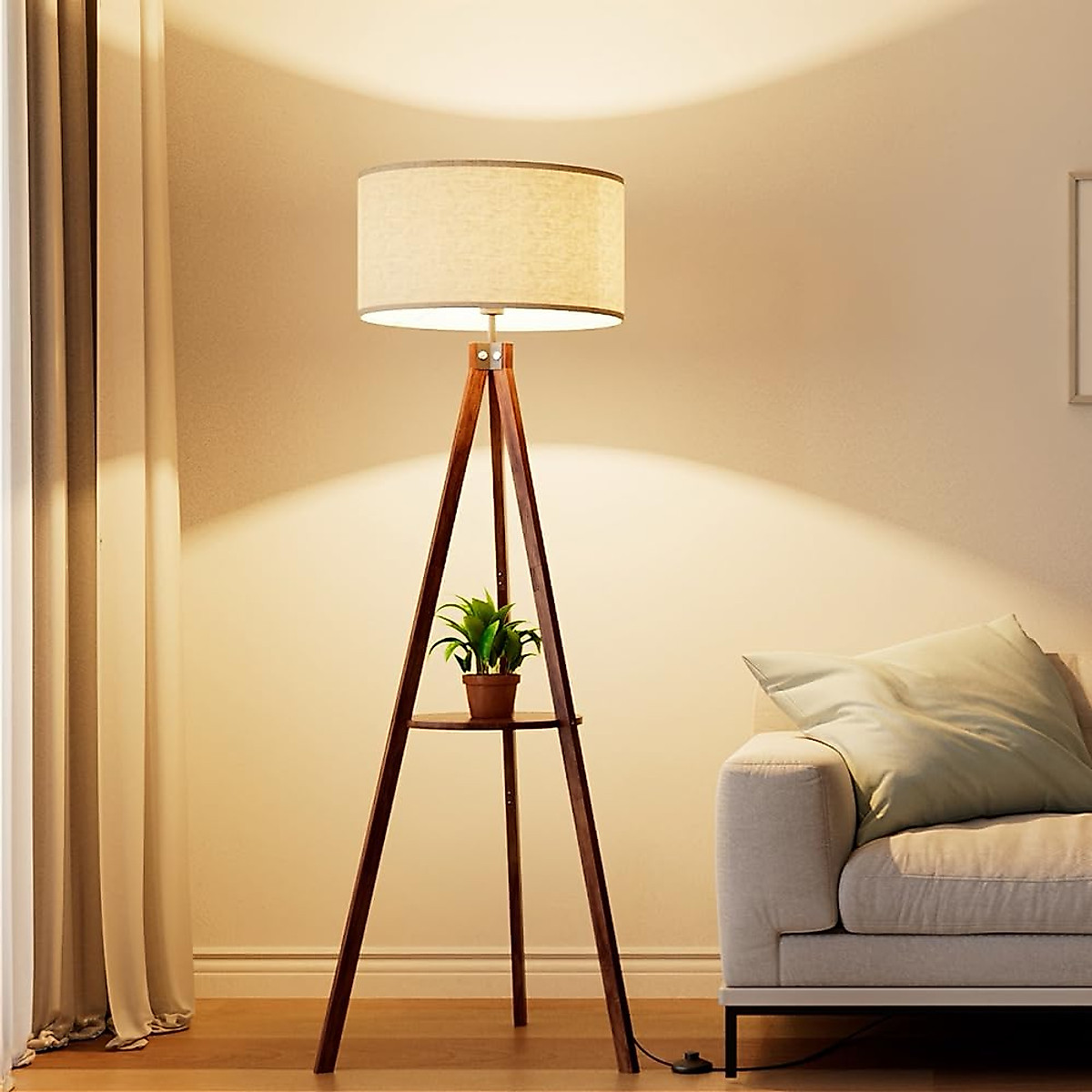 LEPOWER Tripod Floor Lamp, Mid Century Wood Standing Lamp, Modern Design Shelf Floor Lamp for Living Room, Bedroom, Office, Flaxen Lamp Shade with E26 Lamp Base
