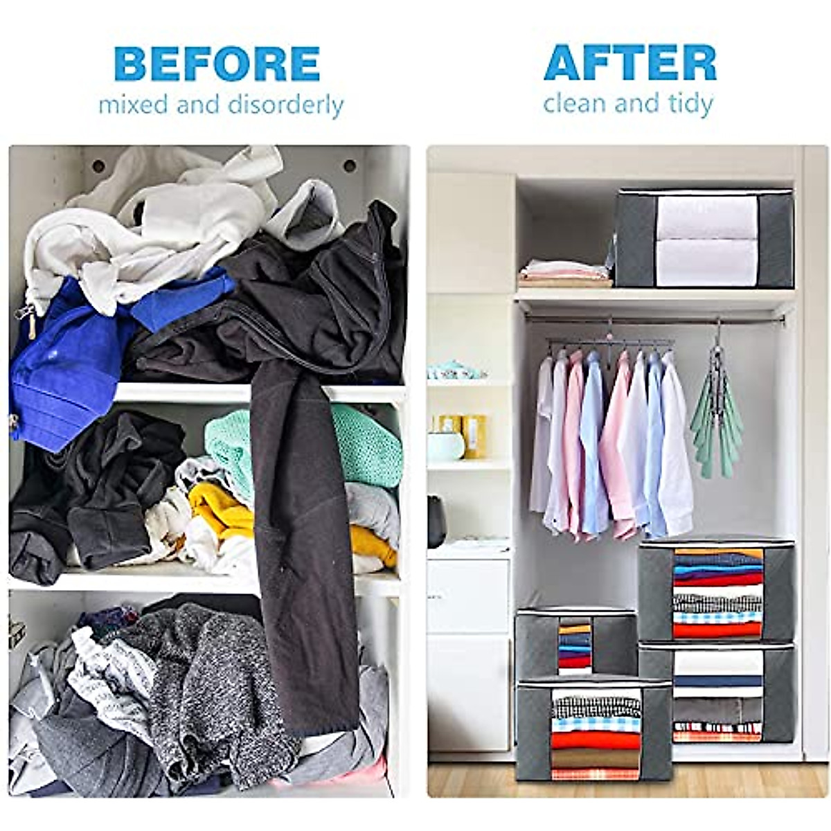 AJWON Large Capacity Clothes Storage Bag Organizer, Foldable Clothing Storage Bins with Clear Window, Reinforced Handle and Sturdy Zipper for Organizing Comforters, Blankets, Bedding,Closet,Pillows, 90L, Grey (Large)