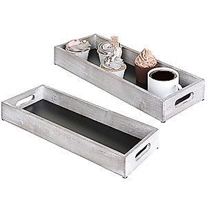 MyGift Rustic Gray Decorative Tray with Chalkboard Base Surface, Serving Tray with Cutout Handles, 16 x 6 Inch, Set of 2
