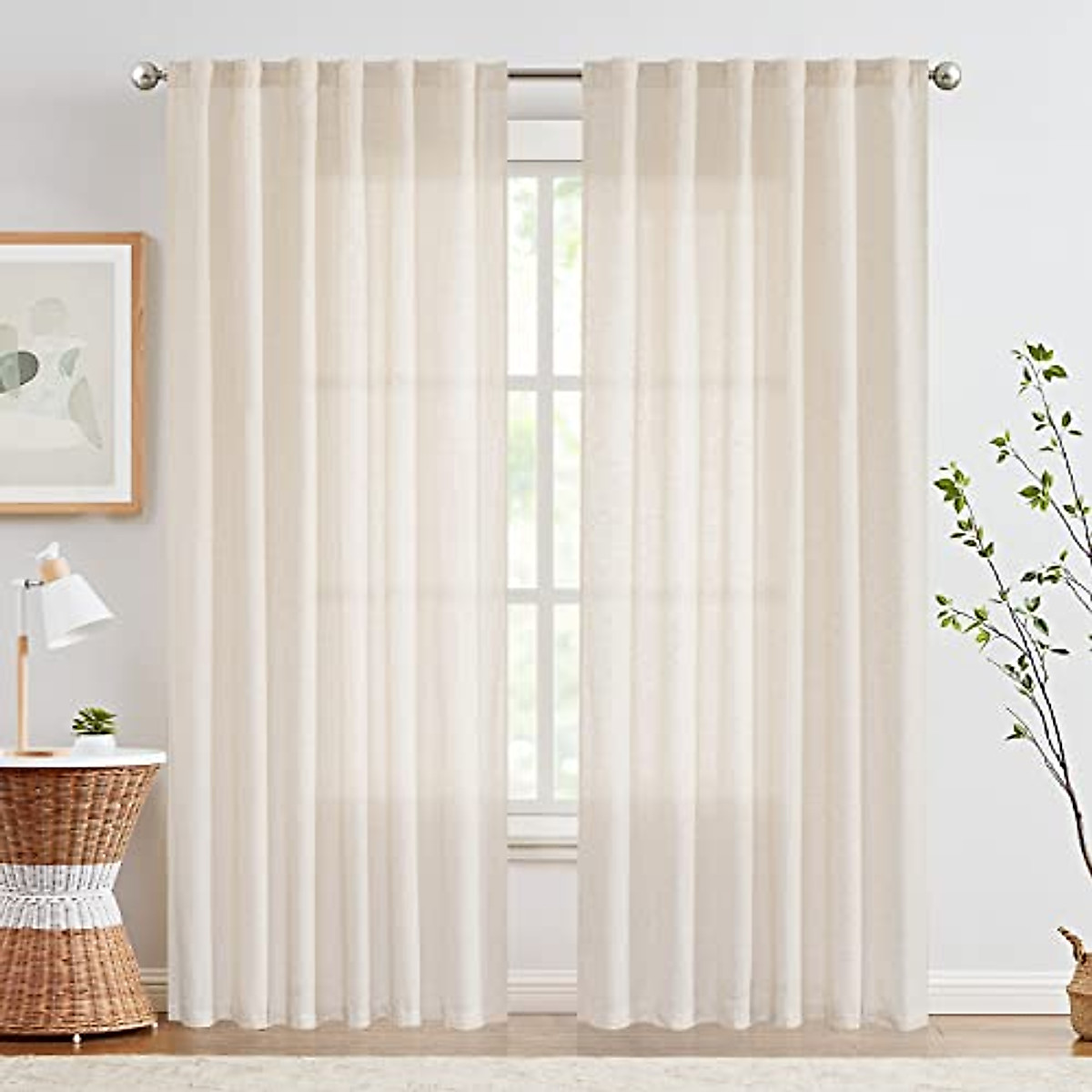 COLLACT Linen Curtains Farmhouse Curtains 96 Inches Long Back Tab Drapes Flax Linen Blend Fall Curtains for Living Room Bedroom Window Treatments Light Filtering Curtains 2 Panels Set Rod Pocket Crude