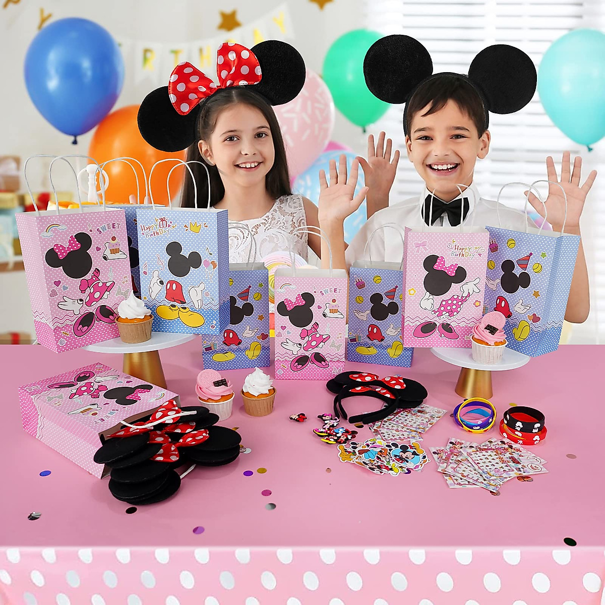 120 Pack Mouse Party Favor Set Cartoon Mouse Theme Party Supplies Includes Party Bags Keychain Silicone Bracelet Nail Stickers Headbands Shoe Decor Perfect for Kids Birthday and Classroom Game Rewards