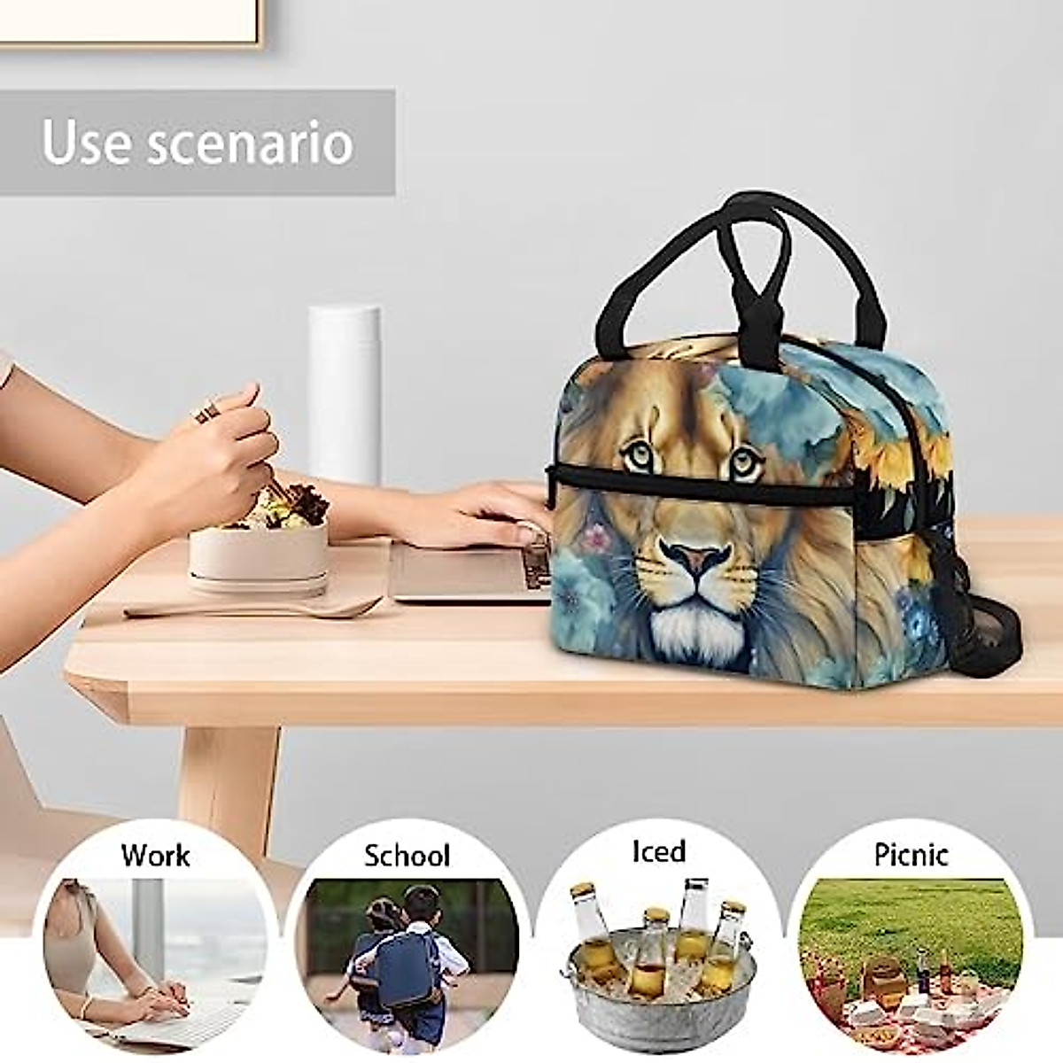 Pinupub 3 In 1 Kids Backpack Set Blue Lion Flowers Print 17 Inch Large Elementary School Bag With Lunch Bag And Pen Bag
