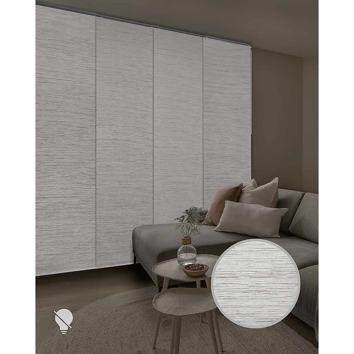 GoDear Design 99% Blackout Adjustable Vertical Blinds 45.8"- 86" W x Up to 96" H, Extendable Sliding Panel Track Window Blinds, Grayish Metallic Luster Trimmable Natural Woven Panel Curtain, Mica +