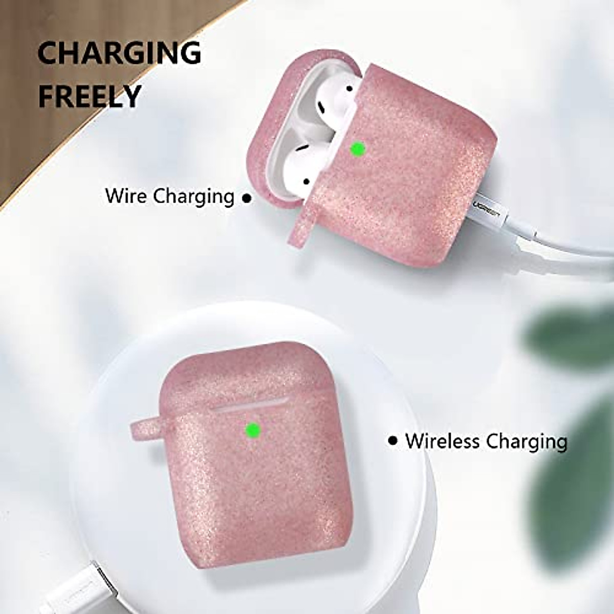 Case for Airpods, Filoto Bling Airpod Silicone Case Cover Skin, Air Pods Protective Glitter Case with Shiny Disco Ball Keychain, Scratch Proof and Drop Proof for Apple Airpods 2&1 (Glittery Rose Gold)