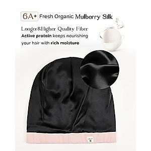 YANIBEST 100% Mulberry Silk Lined Sleep Cap Silk Bonnet for Sleeping - Pink Hair Cover Bonnet for Natural Hair Adjustable Slouchy Beanie Hat