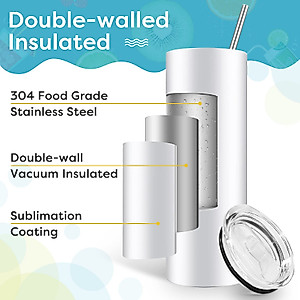 Realkant Sublimation Blanks Tumbler 20oz Skinny Bulk with Metal Straw, Lid, Shrink Wrap Film, Sublimation Coating for Heat Press, Stainless Steel Straight Water Cups Coffee Mugs (10 Pack)