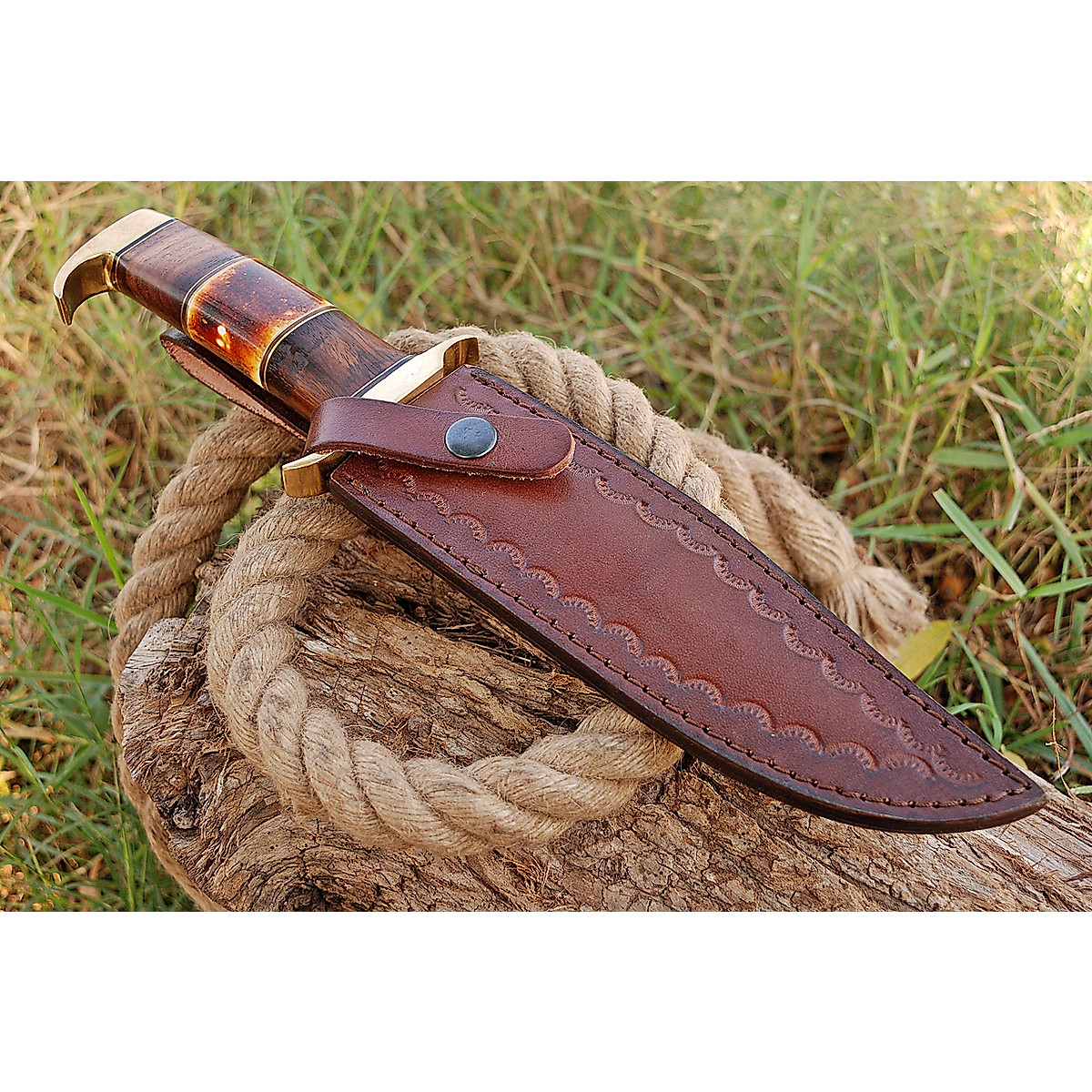 Zaildar Damascus Steel Bowi Knife Custom Handmade Knife Fixed Blade Knife Hunting Knives Survival Knife and Camping Knife with Bone and Rose Wood Handle with Leather Knife Sheath